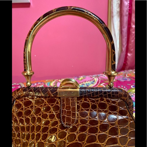 Crown Vintage | Bags | Vtg Crown Handbags Brown Genuine Crocodile Brass ...
